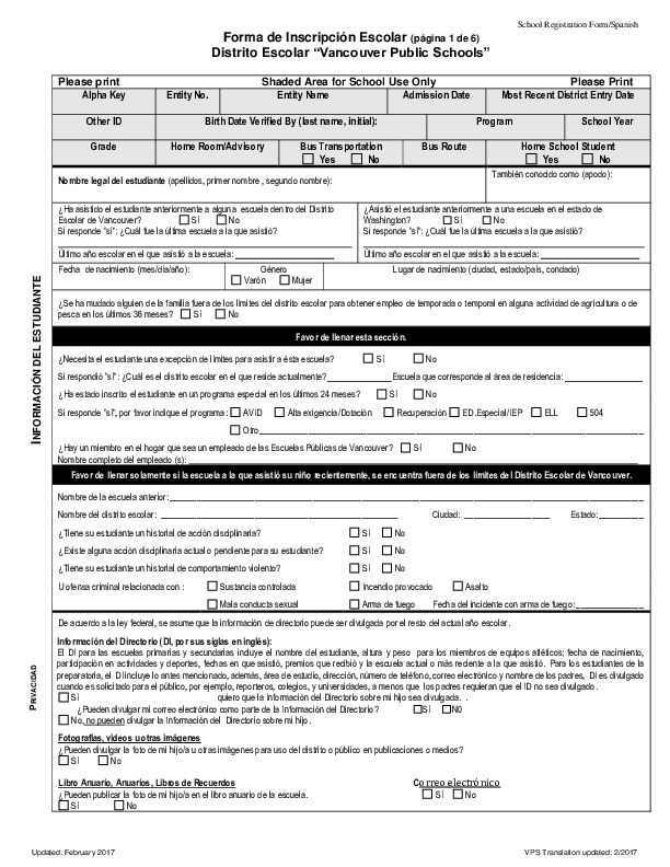 School Registration Form: Spanish – Vancouver Public Schools